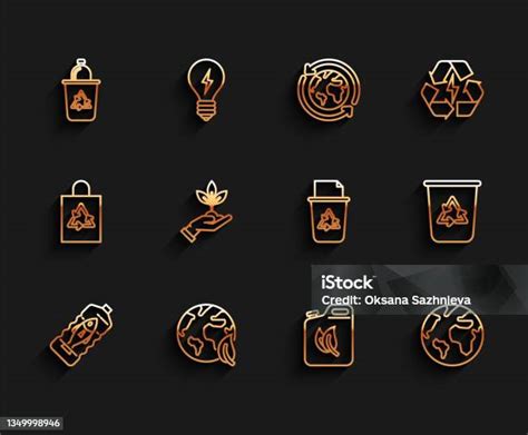세트 라인 중지 바다 플라스틱 오염 지구 지구와 잎 재활용 기호와 휴지통 바이오 연료 캐니스터 환경 보호의 공장 손 아이콘 벡터 검은색에 대한 스톡 벡터 아트 및 기타