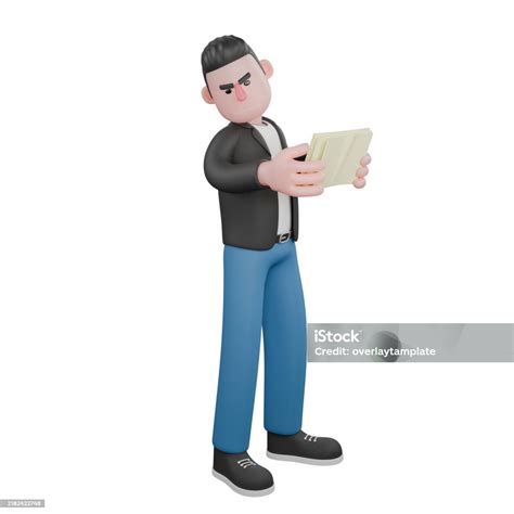 3d의 애니메이션 음악 캐릭터 한 남성 음악가가 오른쪽을 바라보며 왼쪽을 바라보고 서 있고 양손은 종이를 들고 있다 만화 캐릭터