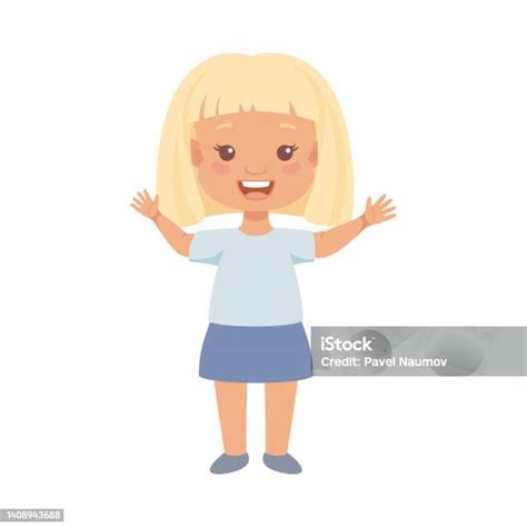 뻗은 팔로 서있는 포즈에 블루 스커트에 웃는 금발 어린 소녀 캐릭터 벡터 일러스트 레이 션 감정에 대한 스톡 벡터 아트 및 기타