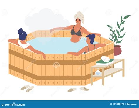Happy Women Enjoying Barrel Japanese Hot Tub Bath Flat Vector