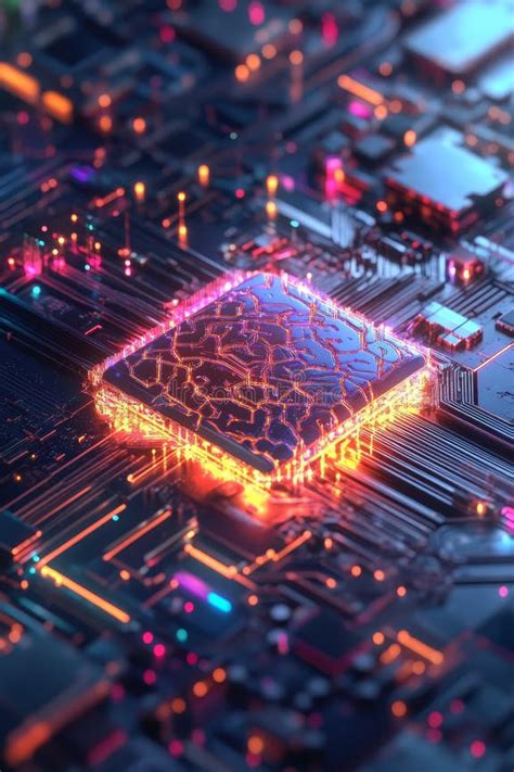 Colorful Abstract Circuit Board With Illuminated Microchip Design Stock Illustration