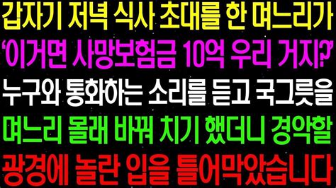 실화사연 갑자기 저녁 식사 초대를 한 며느리가 이거면 사망 보험금 10억 우리 거지 누군가 와 통화하는 소리를 듣게 되는데 라디오사연 썰사연 사이다사연 감동사연