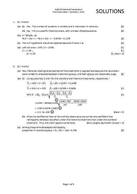 exam 2015 semester 1 answers mas183 statistical data analysis final
