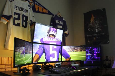 minnesota vikings themed quad monitor dual 21 9 setup very happy with how its coming together