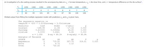 solved minitab output from fitting the multiple regression