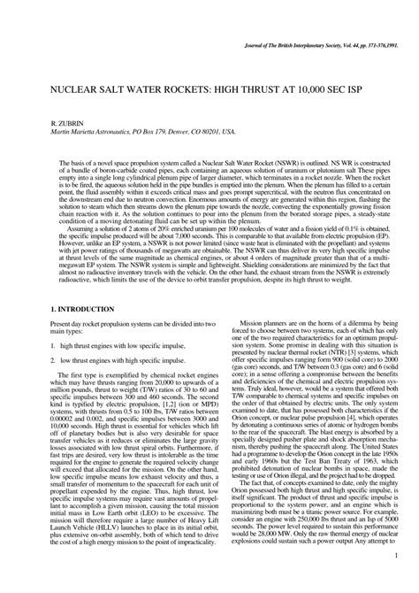 Pdf Nuclear Salt Water Rockets High Thrust At 10 000 Sec Isp
