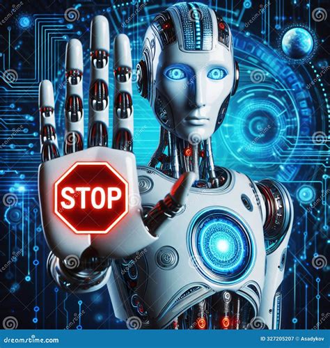Ai Robot Artificial Intelligence Stop Halt Prohibition Warning Hand Signal Gesture Stock Image