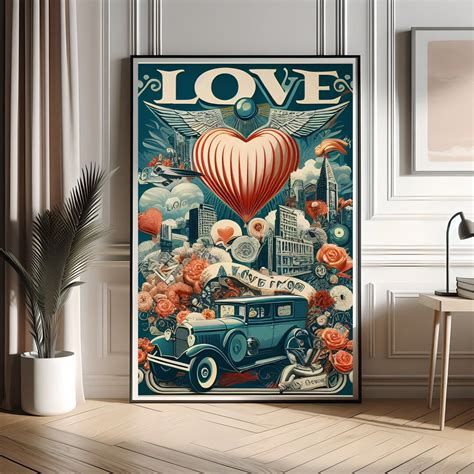 Retro Love Vintage Poster Romantic Cityscape With Classic Car Floral