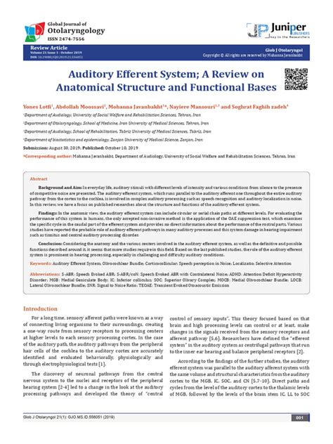 Auditory Efferent System A Review On Anatomical St Pdf Auditory