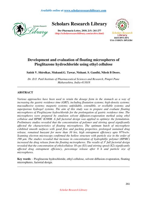 Pdf Development And Evaluation Of Floating Microspheres Of Pioglitazone Hydrochloride Using