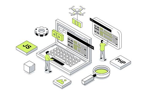 웹용 아이소메트리 디자인의 개요에서 3d 아이소메트릭 개념을 만드는 웹사이트 노트북 화면에서 Ui Ux 인터페이스 및 홈페이지를 만들고 코드를 프로토타이핑하고 스크립트를