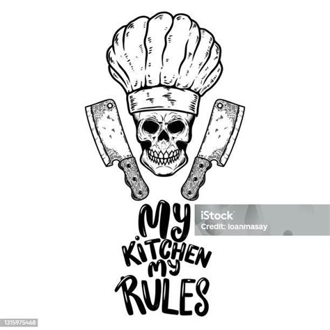 내 부엌 내 규칙 요리사 두개골과 고기 칼의 그림 라벨 기호 엠블럼용 디자인 요소 벡터 일러스트레이션 강철에 대한 스톡 벡터 아트 및 기타 이미지 Istock
