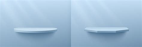 연한 파란색 실린더와 육각형 선반 받침대 연단 세트 창 조명밝은 파란색 벽 장면 벡터 렌더링 3d 모양 제품 표시 프리젠 테이션 추상 스튜디오 룸 개념 0명에 대한 스톡