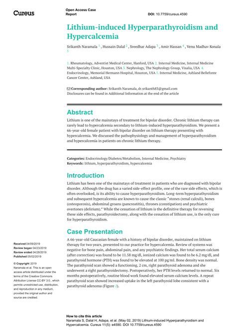 Pdf Lithium Induced Hyperparathyroidism And Hypercalcemia