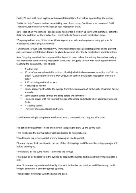 Pivc Osce Script Firstly Ill Start With Hand Hygiene With Alcohol Based Hand Rub Before