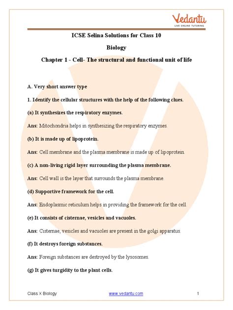 Selina Concise Biology Class 10 Icse Solutions For Chapter 1 Cell The Structural And