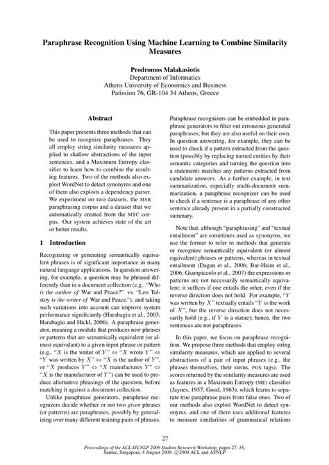 Pdf Paraphrase Recognition Using Machine Learning To Combine Similarity Measures