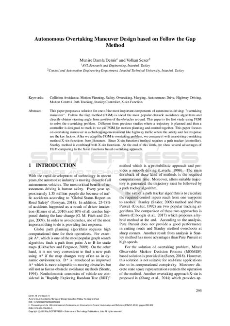 Pdf Autonomous Overtaking Maneuver Design Based On Follow The Gap Method