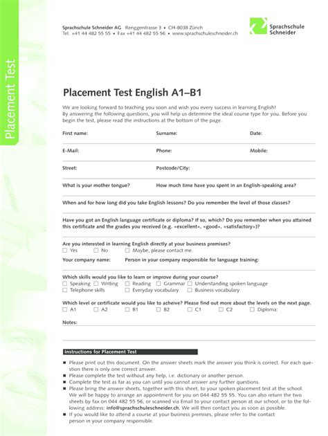 Free Printable Placement Test Free Printable