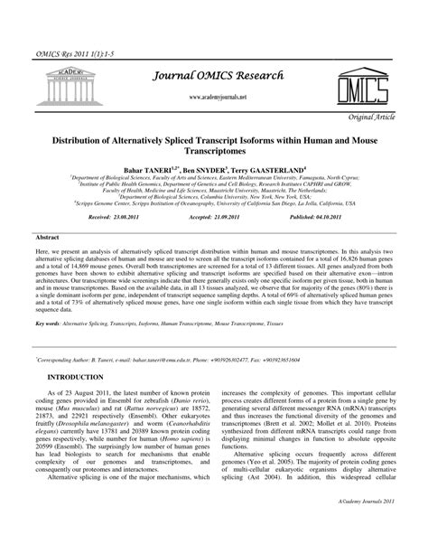 Pdf Distribution Of Alternatively Spliced Transcript Isoforms Within Human And Mouse