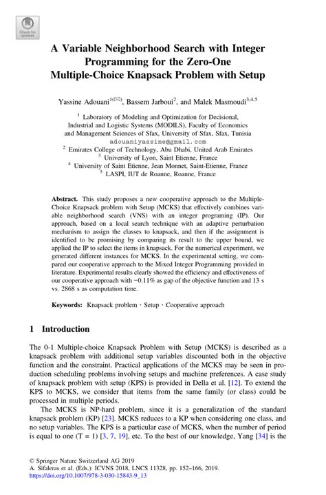 Pdf A Variable Neighborhood Search With Integer Programming For The Zero One Multiple Choice