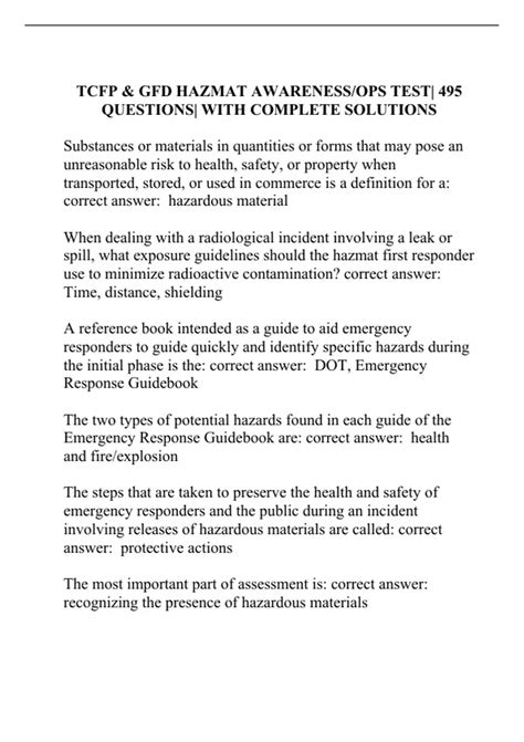 Tcfp And Gfd Hazmat Awareness Ops Test 495 Questions With Complete Solutions Tcfp Stuvia Us