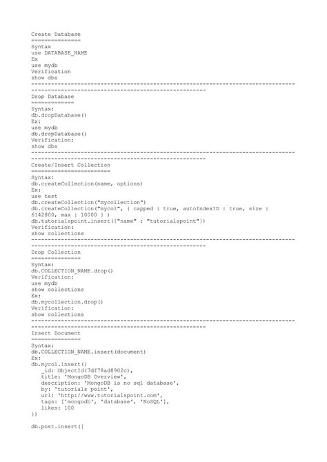Quick Reference For Mongo Shell Commands Txt