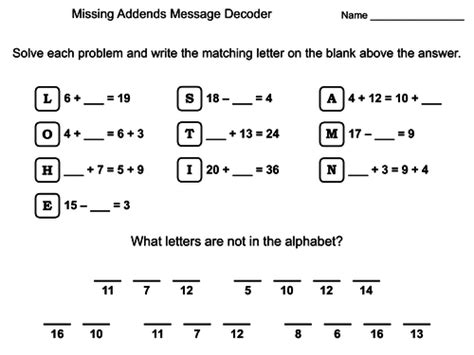 missing addends addition and subtraction activity math message decoder