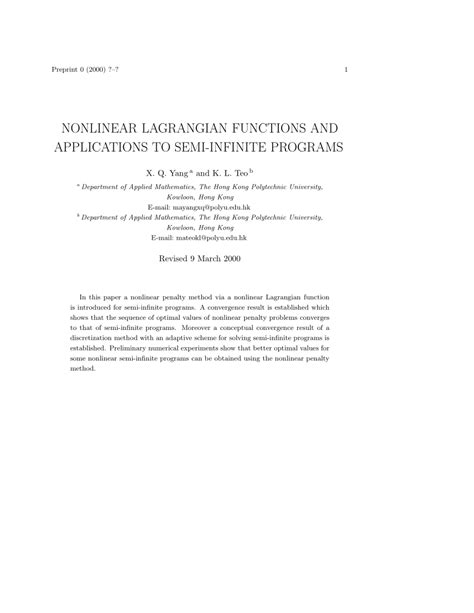 Pdf Nonlinear Lagrangian Functions And Applications To Semi Infinite Programs