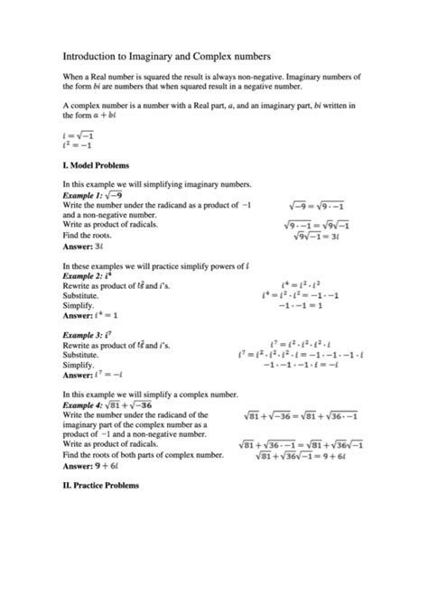imaginary numbers practice with answers