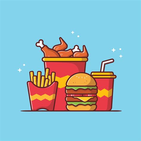 Burger With Fried Chicken French Fries Soda Cartoon Icon 7033586 Vector