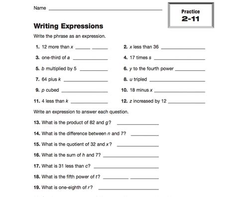 Writing Expressions Th Grade Worksheet Printable Worksheets