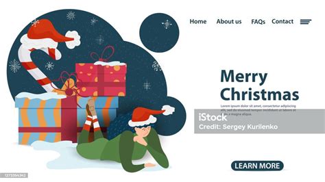 크리스마스와 새해 디자인 웹 페이지 모바일 응용 프로그램 보조 엘프 소녀 선물 플랫 벡터 일러스트와 상자 근처에 누워 개념에 대한 스톡 벡터 아트 및 기타 이미지 Istock