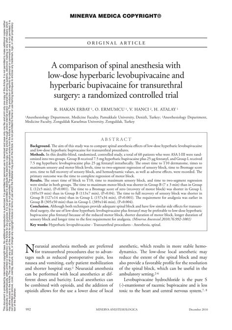 Pdf A Comparison Of Spinal Anesthesia With Low Dose Hyperbaric Levobupivacaine And Hyperbaric