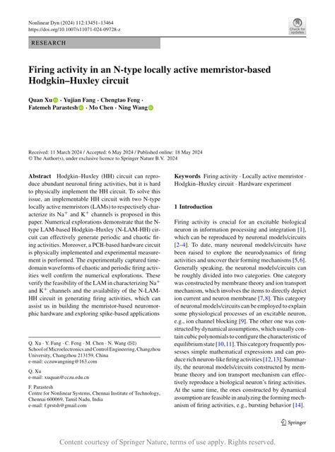 Firing Activity In An N Type Locally Active Memristor Based Hodgkinhuxley Circuit Request Pdf