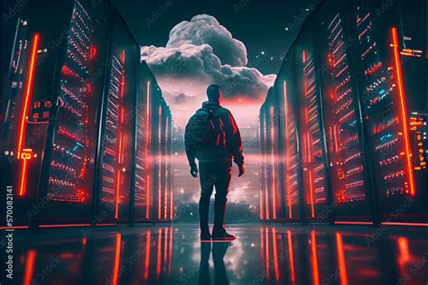 Cloud Service Engineer Standing In Front Of A Digital Technology Data