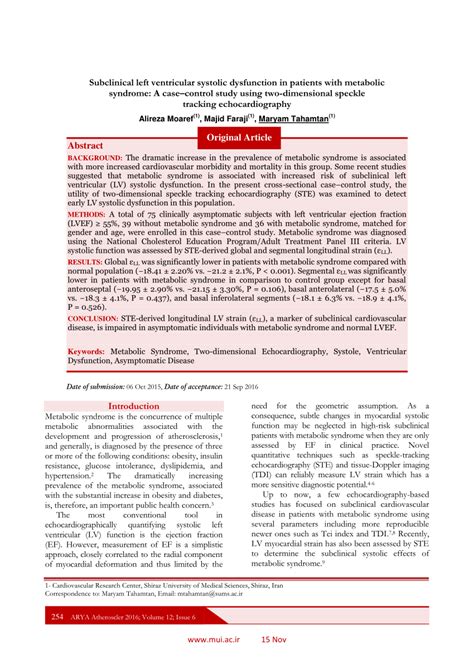 Pdf Subclinical Left Ventricular Systolic Dysfunction In Patients With Metabolic Syndrome A