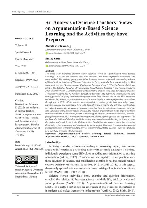 Pdf An Analysis Of Science Teachers Views On Argumentation Based Science Learning And The