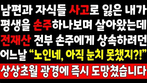 실화사연 남편과 자식들 사고로 잃은 내가 평생 손주하나 보며 살아왔는데 전재산 전부 손주에게 상속하려던 어느날 노인네 아직 눈치 못챘지 상상초월 광경에 즉시