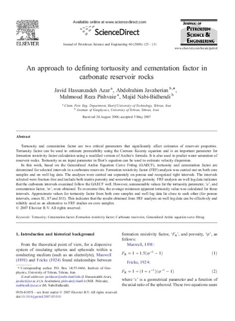 Pdf An Approach To Defining Tortuosity And Cementation Factor In Carbonate Reservoir Rocks