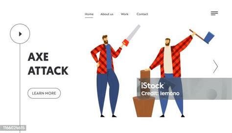 나무꾼 웹 사이트 방문 페이지 다른 포즈에 서 목재 잭의 부부는 도끼를 잡고 손에 보았다 그루터기 웹 페이지에 나무 로그와 노동자 목재 만화 플랫 벡터 일러스트 배너 개념에