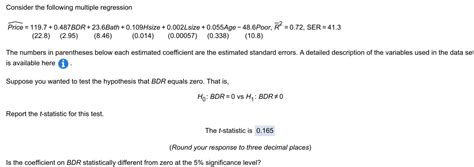 Solved Consider The Following Multiple Regression Price