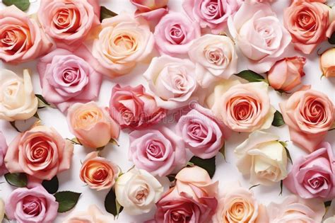 Assorted Pink Roses On White Background Flatlay Top View Of Rose