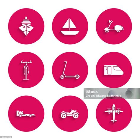 세트 스쿠터 모든 지형 차량 또는 Atv 오토바이 오래된 복고풍 빈티지 비행기 기차 공식 경주용 자동차 자전거 화물 선 아이콘 벡터 1에 대한 스톡 벡터 아트 및 기타