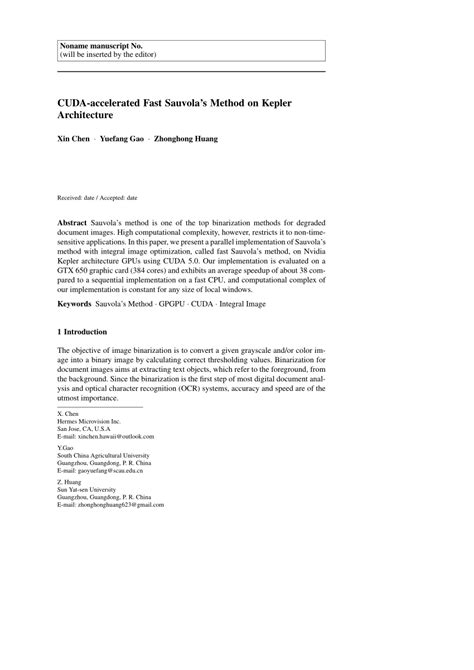 Pdf Cuda Accelerated Fast Sauvolas Method On Kepler Architecture