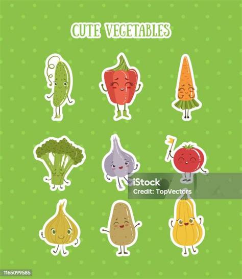 과일과 야채 스티커 세트 양배추 오이 브로콜리 후추 당근 마늘 토마토 양파 재미있는 얼굴벡터 일러스트와 감자 문자의 컬렉션 귀여운에 대한 스톡 벡터 아트 및 기타 이미지