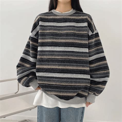 [오버핏 남녀공용] 빈티지한 컬러감 스트릿 스트라이프 단가라 니트 맨투맨]폴카단가라맨투맨 에이블리