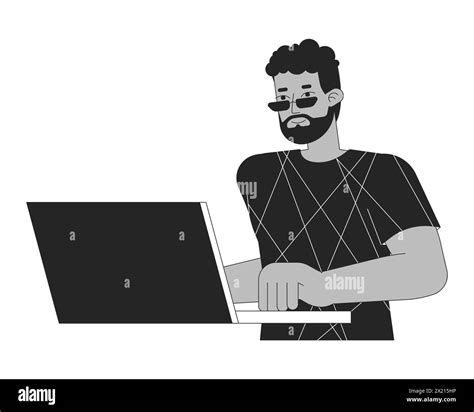 African American Man Using Laptop Black And White 2d Line Cartoon Character Stock Vector Image