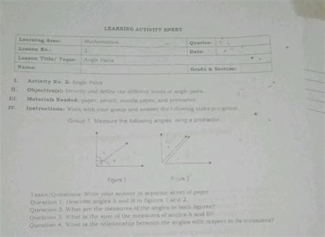 Learning Activity Sheet I Activity No 2 Angle Studyx