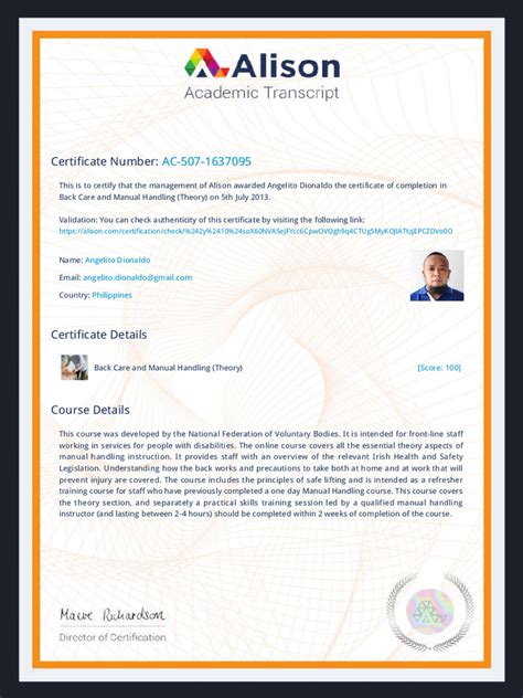 Alison Certificate Transcript Back Care And Manual Handling Theory Pdf